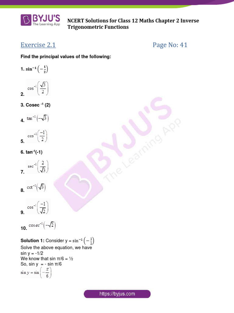 NCERT Solutions For Class 12 Maths Chapter 2 Inverse Trigonometric ...