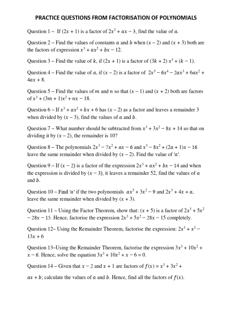 Practice Questions From Factorisation Of Polynomials Cl X Pdf Factorization Applied