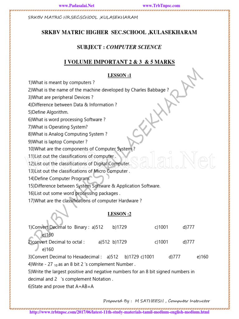 11th Computer Science Important Questions em | PDF | Logic Gate ...