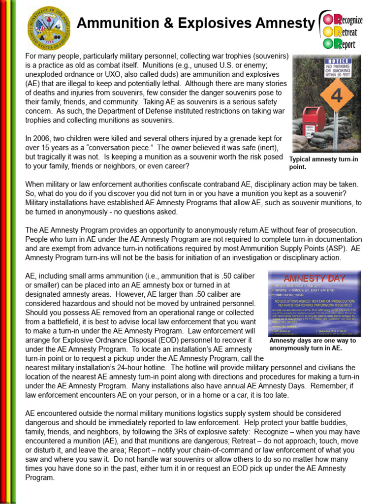 AE Amnesty: Safe Returns for Troops | PDF | Ammunition | Bomb Disposal