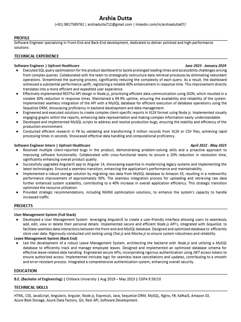 ArshiaDutta Resume | PDF | Databases | Angular Js
