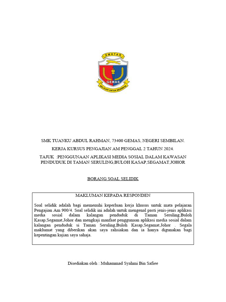 Borang Soal Selidik Syahmi | PDF