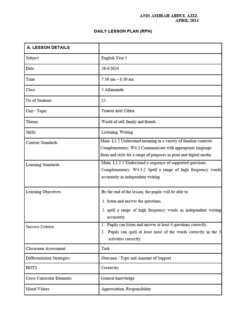 5 Allamanda 26 April Lesson Plan | PDF | Teachers | Lesson Plan