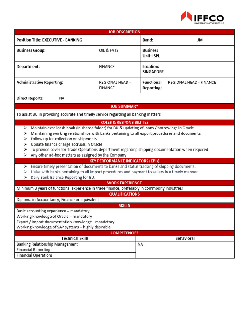 JD Template - Executive (Banking) | PDF | Banks | Trade