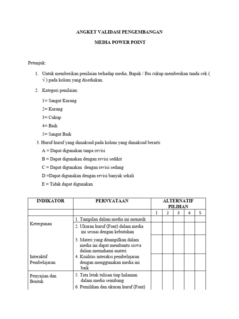 Angket Validasi Pengembangan Power Point | PDF | Karier & Perkembangan | Ilmu Sosial