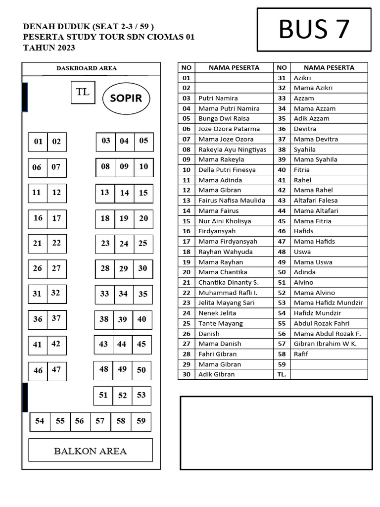 Denah Duduk Peserta Study Tour Bis 7 | PDF