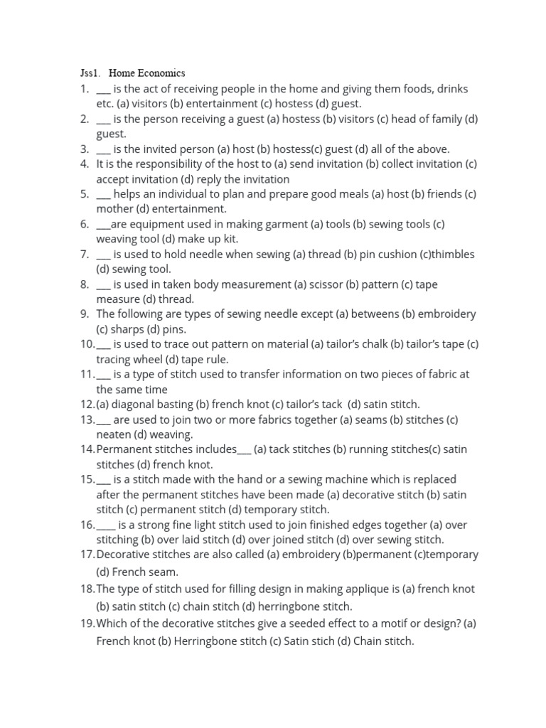 JSS1 Home Economics Third Term Exam | PDF | Sewing | Sexually ...
