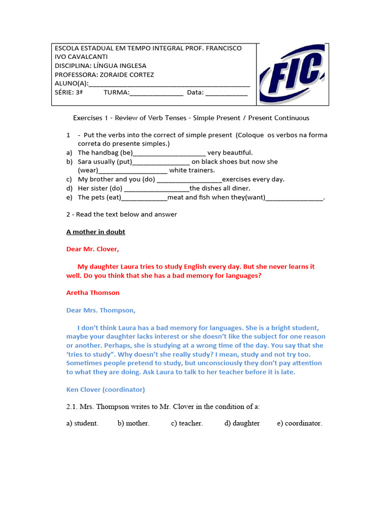 Exercise - Review Simple Present and Present Continuous | PDF | Linguistics