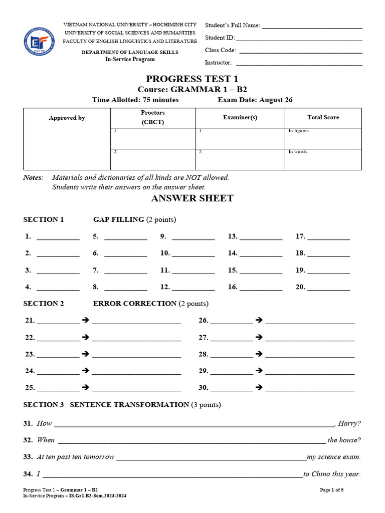 BC - Grammar 1-B2 - Progress Test 1 | PDF