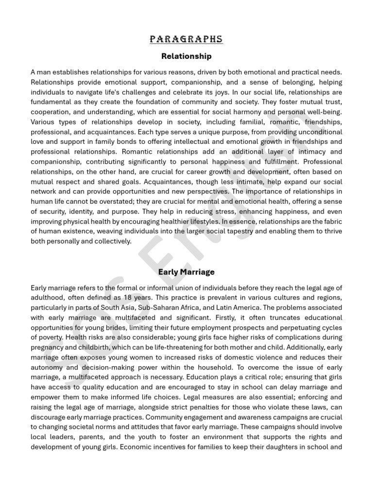 Paragraphs + Stories Year Final | PDF | Adolescence | Marriage