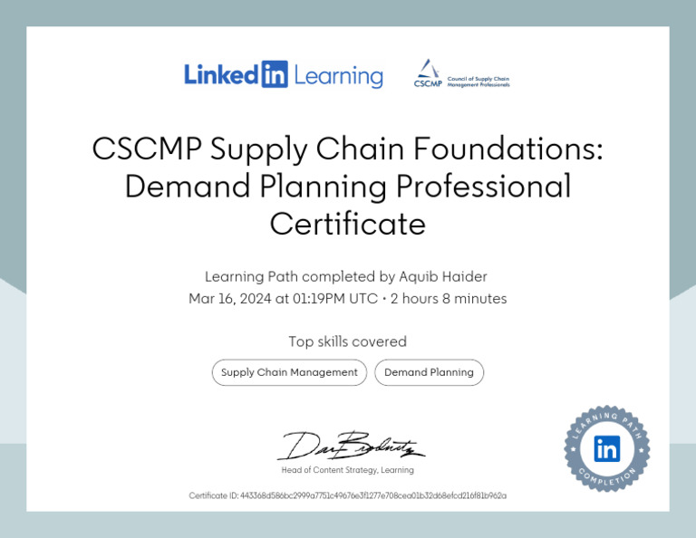 CertificateOfCompletion - CSCMP Supply Chain Foundations Demand Planning Professional ...