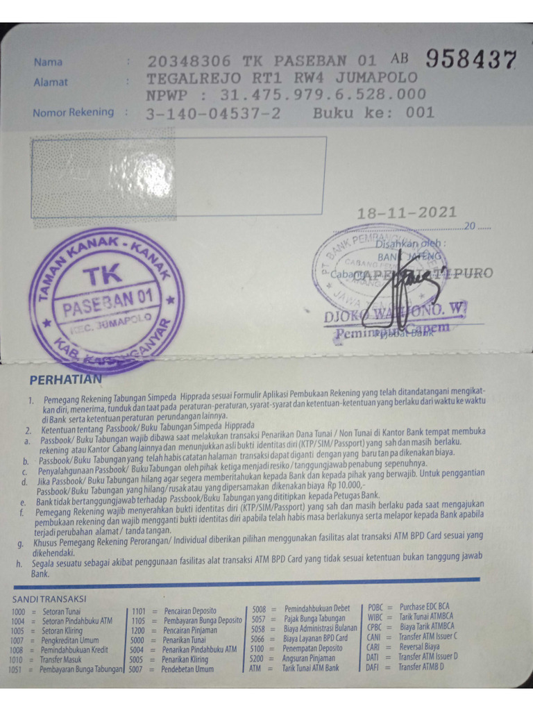 Scan Buku Rekening TK Paseban 01 | PDF