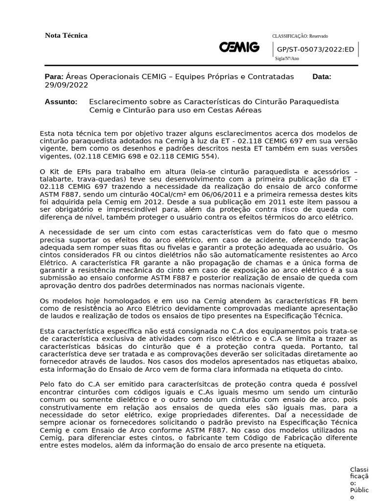 001 Nota Tecnica Esclarecimentos Cinturao Paraquedista Cemig | PDF