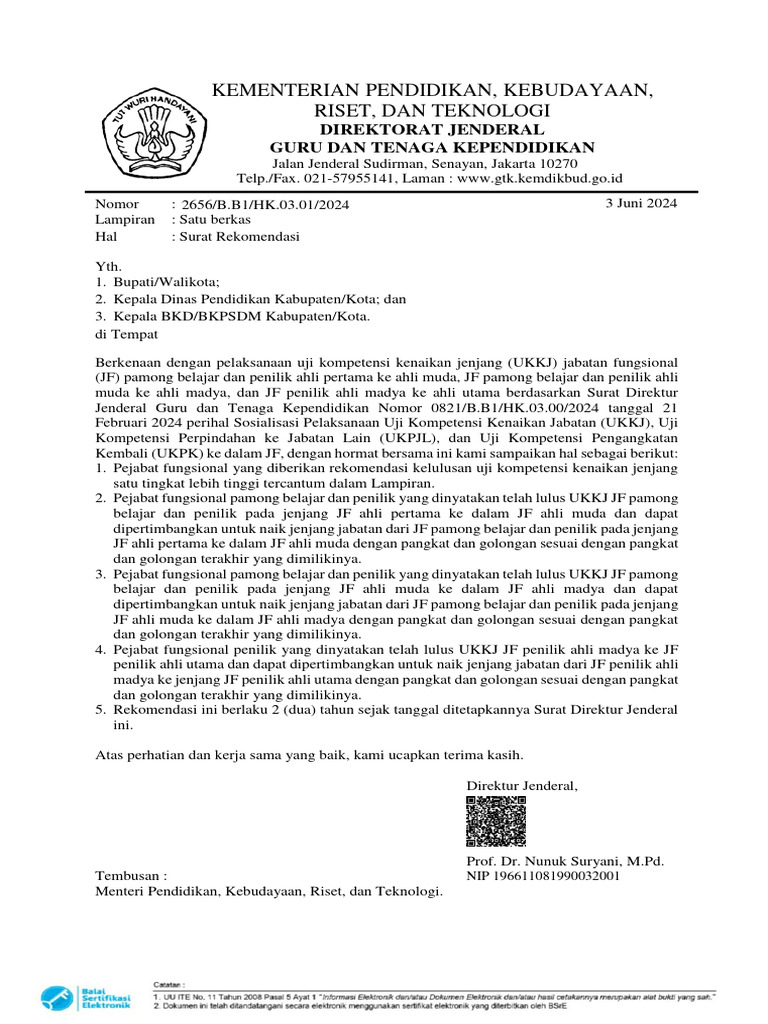 Surat Rekomendasi Uji Kompetensi Kenaikan Jenjang Jabatan Fungsional Pamong Belajar Dan Penilik ...