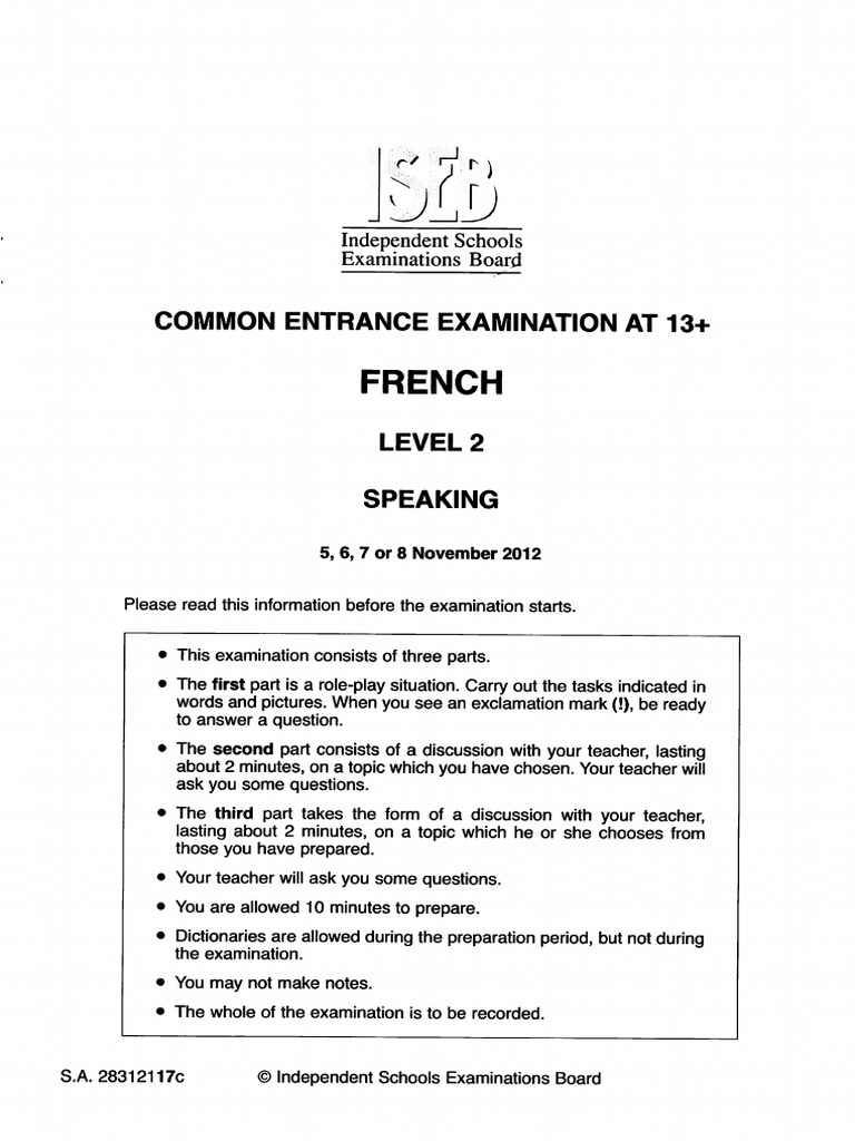 13 French Level 2 Speaking ISEB November 2012 | PDF