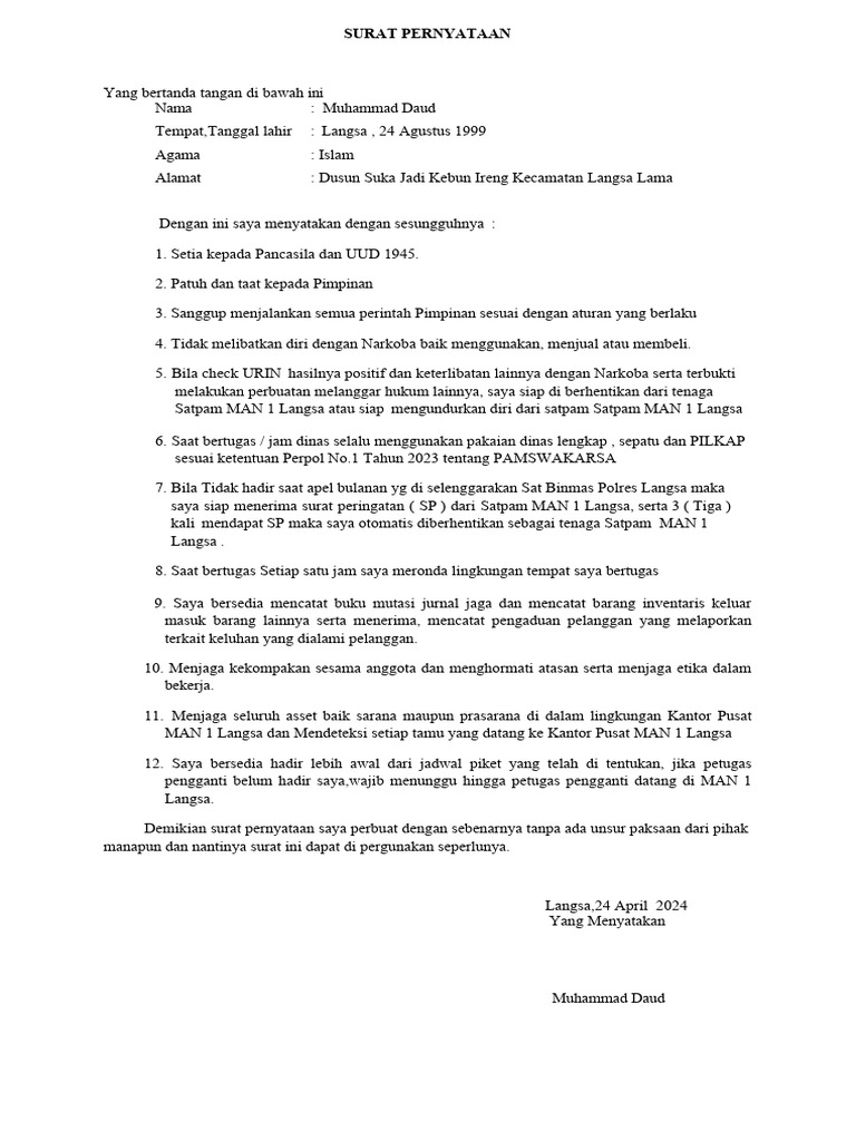 Contoh SURAT PERNYATAAN SECURITY | PDF