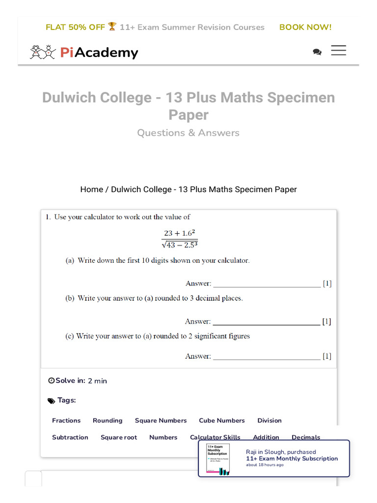 Dulwich College 13+ Maths Specimen Paper | PDF | Algebra | Multiplication