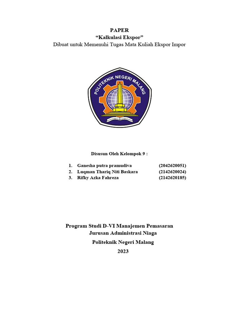 Paper Kel 9 Kalkulasi Ekspor Exim | PDF | Bisnis | Pengelolaan Keuangan & Uang