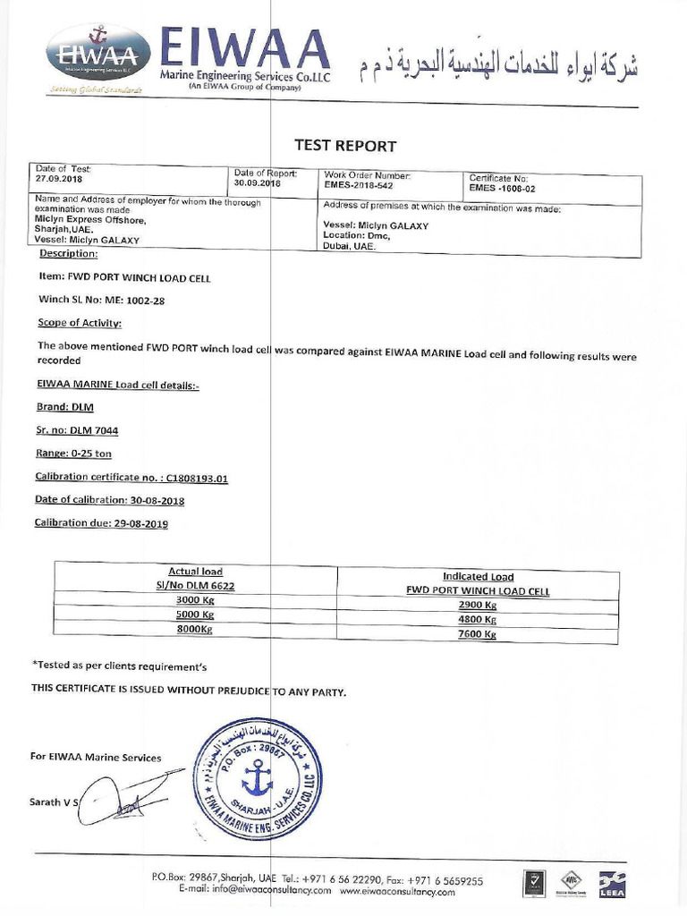 4 Point Mooring Load Cell Test Certificate | PDF
