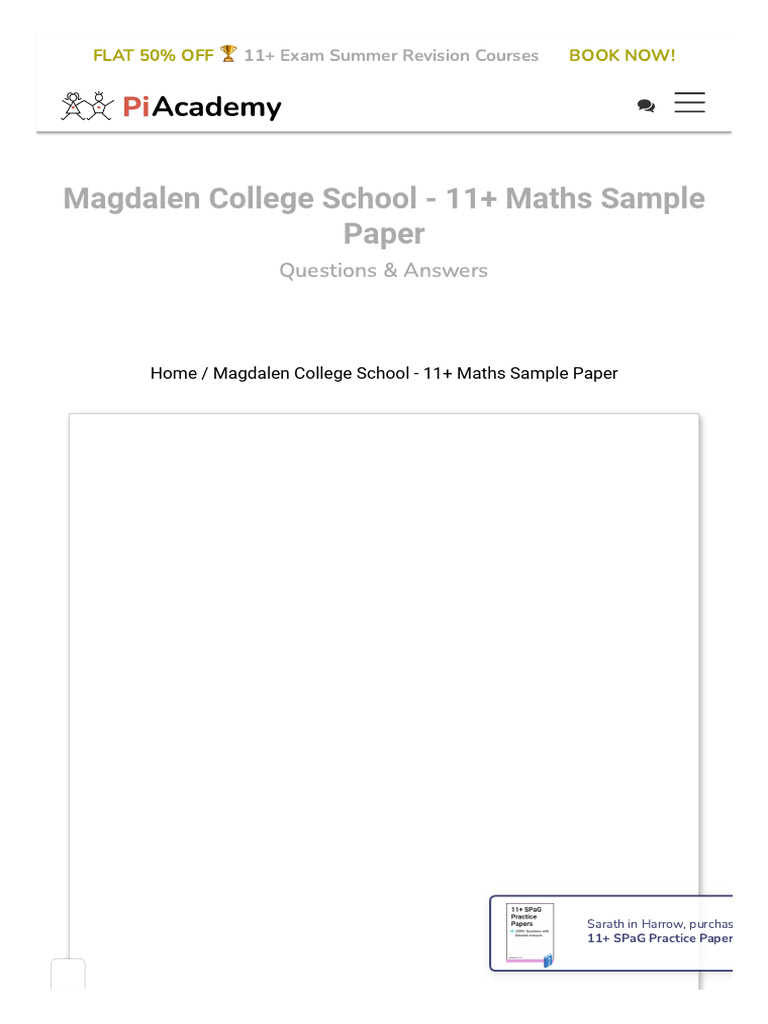 11+ Maths Sample Paper for Magdalen School | PDF | Area | Mathematics
