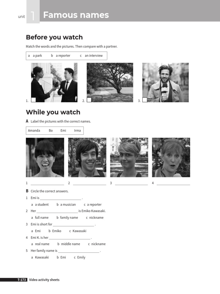 Four Corners Level 1 Unit 1 Famous Names Video Activity Sheets | PDF