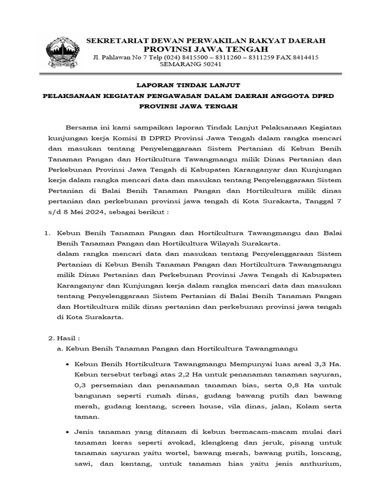 Laporan Komisi B Kebun Benih Tawangmangu Dan BBTPH Surakarta, 7-8 Mei 2024 | PDF | Teknologi ...