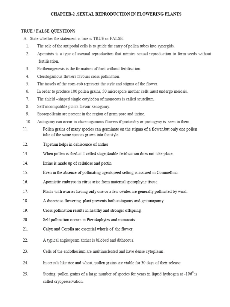 True/False Questions on Plant Reproduction | PDF | Fertilisation | Flowers