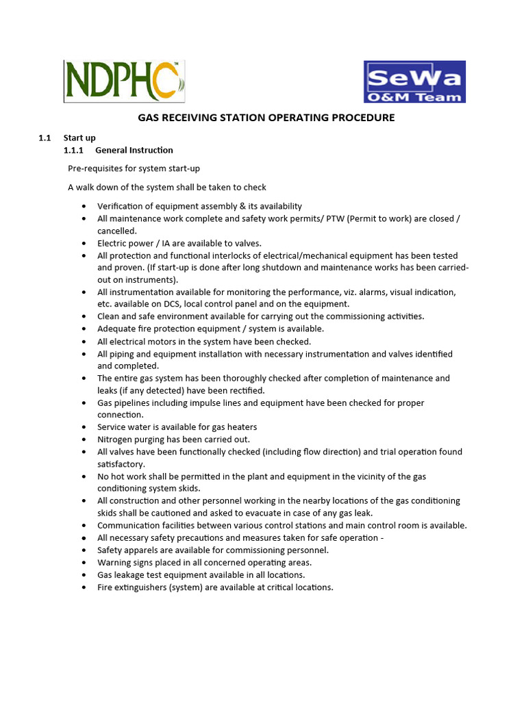 Gas Receiving Station Operating Procedure | PDF | Valve | Leak