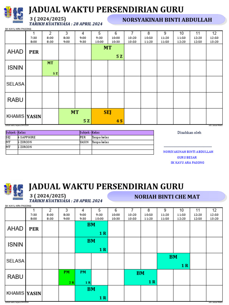 Jadual Waktu Persendirian Guru 2024 | PDF