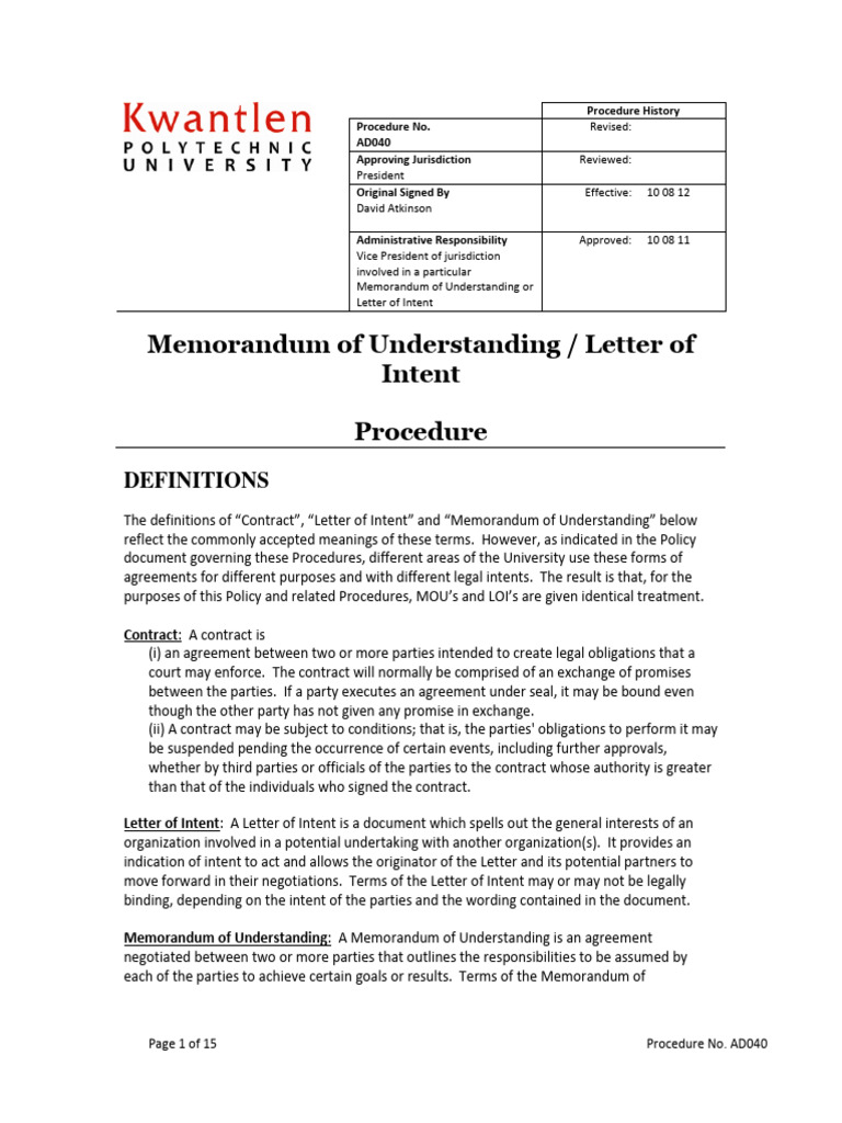 Memorandum of Understanding and Letter of Intent Template | PDF ...