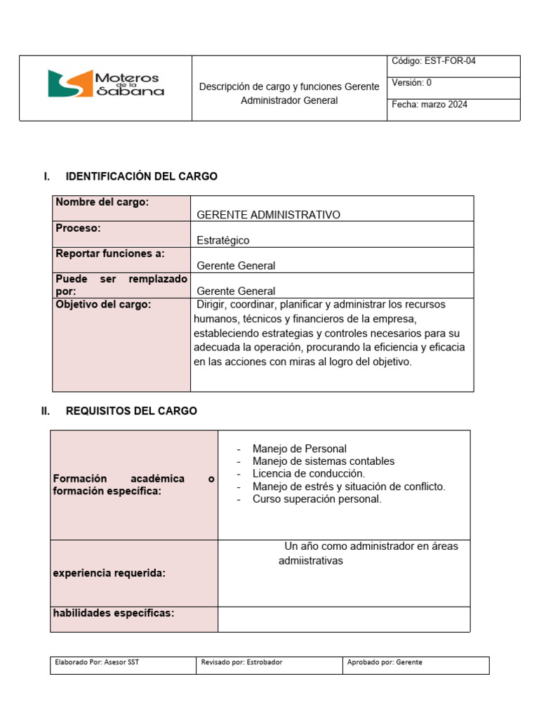 Descripción de cargo y funciones Gerente Administrador General | Descargar gratis PDF | Business ...
