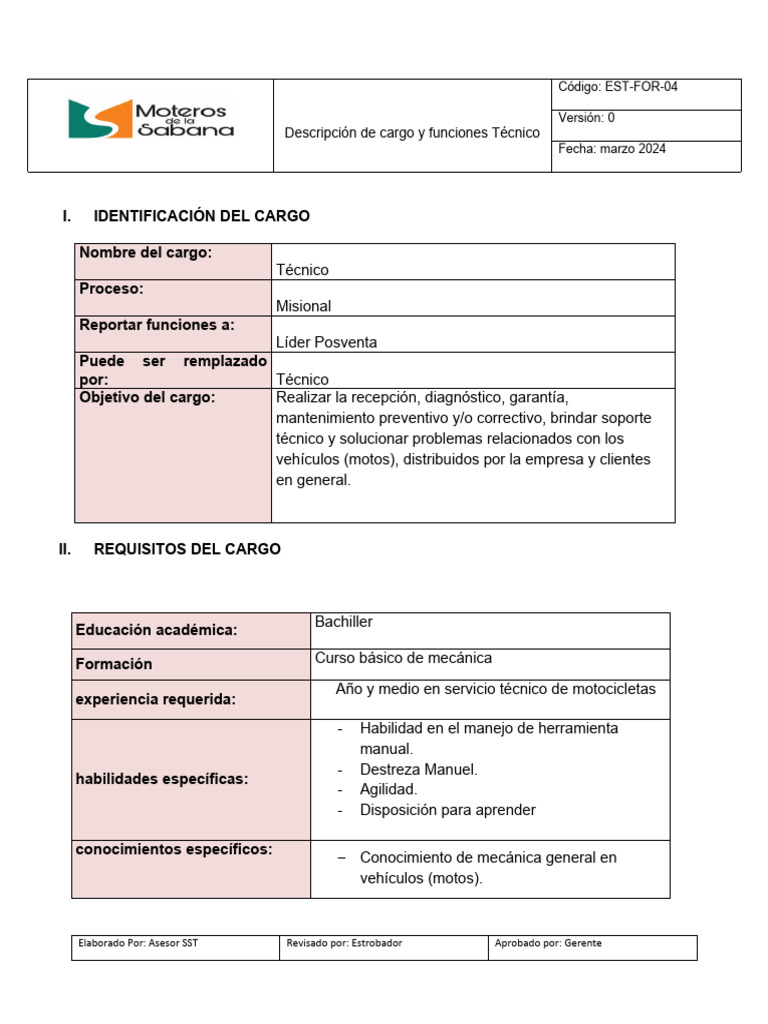 Descripción de Cargo y Funciones Técnico | PDF | Business
