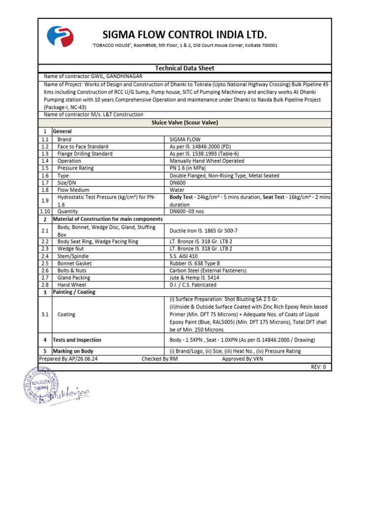 GWIL Gandhinagar Sluice Valve Specs | PDF | Valve | Screw