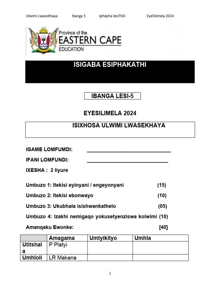 IsiXhosa Ibanga 5 EyeSilimela 2024 | PDF