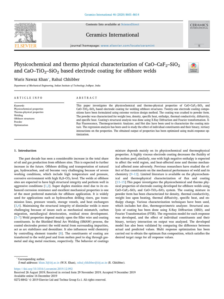 Physicochemical And Thermo Physical Characterization Of Cao Caf2 Sio2
