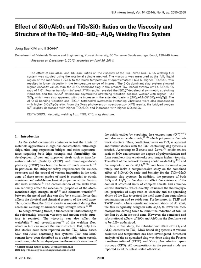 Effect of SiO2Al2O3 and TiO2SiO2 Ratios On The Viscosity and Structure of The TiO2-MnO-SiO2 ...