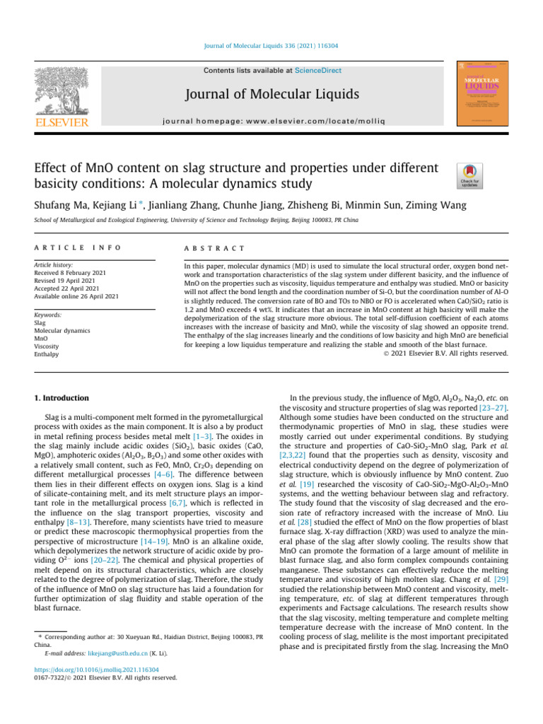 Effect of MnO Content On Slag Structure and Properties Under Different ...