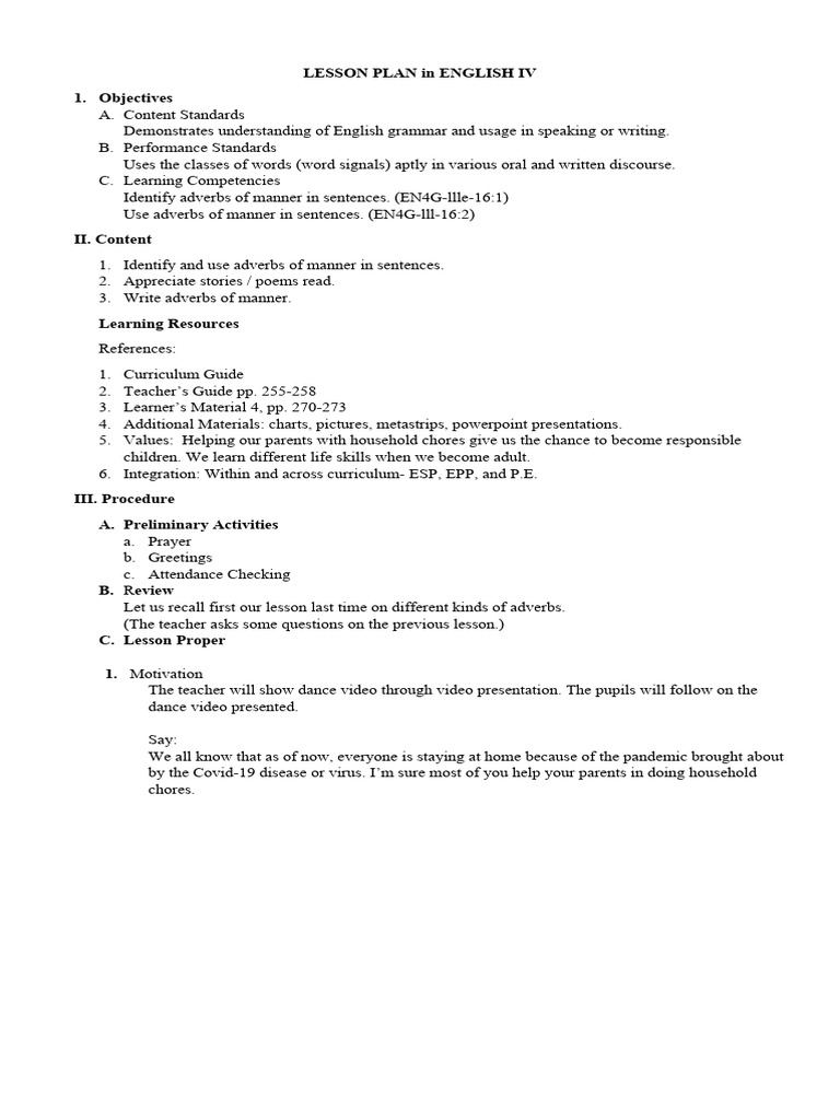 CO1 LESSON PLAN in ENGLISH IV ADVERBS OF MANNER Unpacked | PDF | Adverb ...