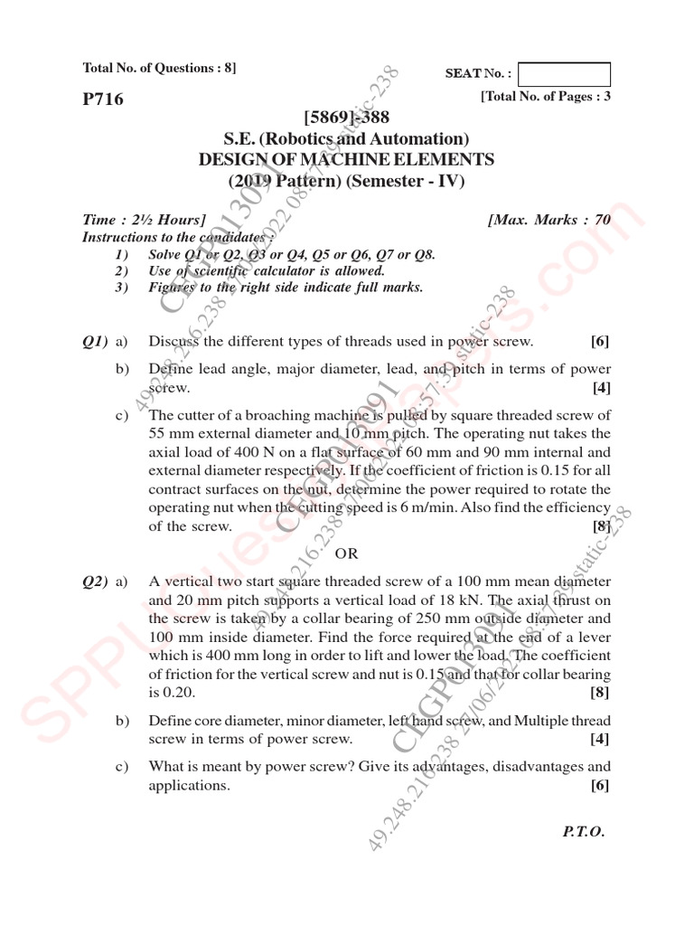 Machine Elements Design Exam Questions | PDF | Gear | Screw