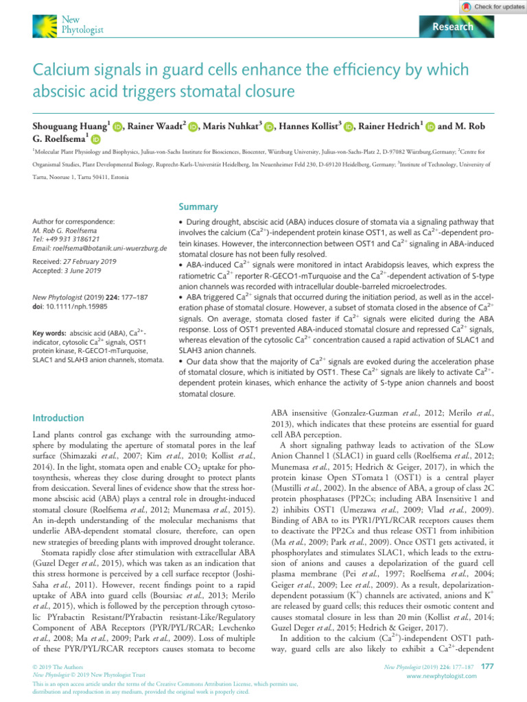 Calcium Signals in Guard Cells Enhance The Efficiency by Which Abscisic Acid Triggers Stomatal ...