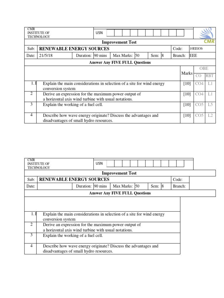 IAT - III Question Paper With Solution of 10EE836 Renewable Energy ...