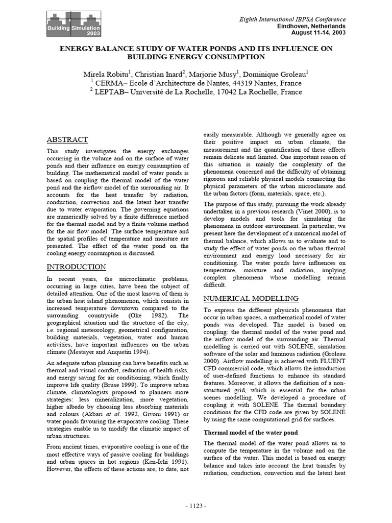 Energy balance study of water ponds and its influence on building ... Energy balance study of water ponds and its influence on building ...