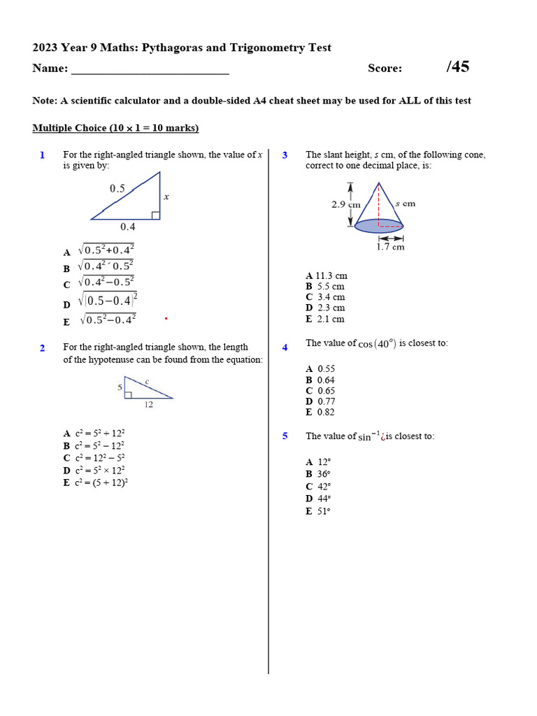 2023 Pythagoras and Trigonometry Test (Final) | PDF | Triangle | Length