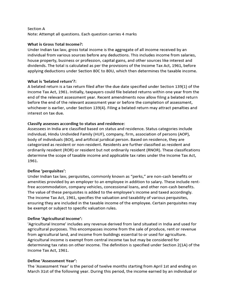 Questions and Answers - Section A - Taxation Law | PDF | Taxes | Income Tax