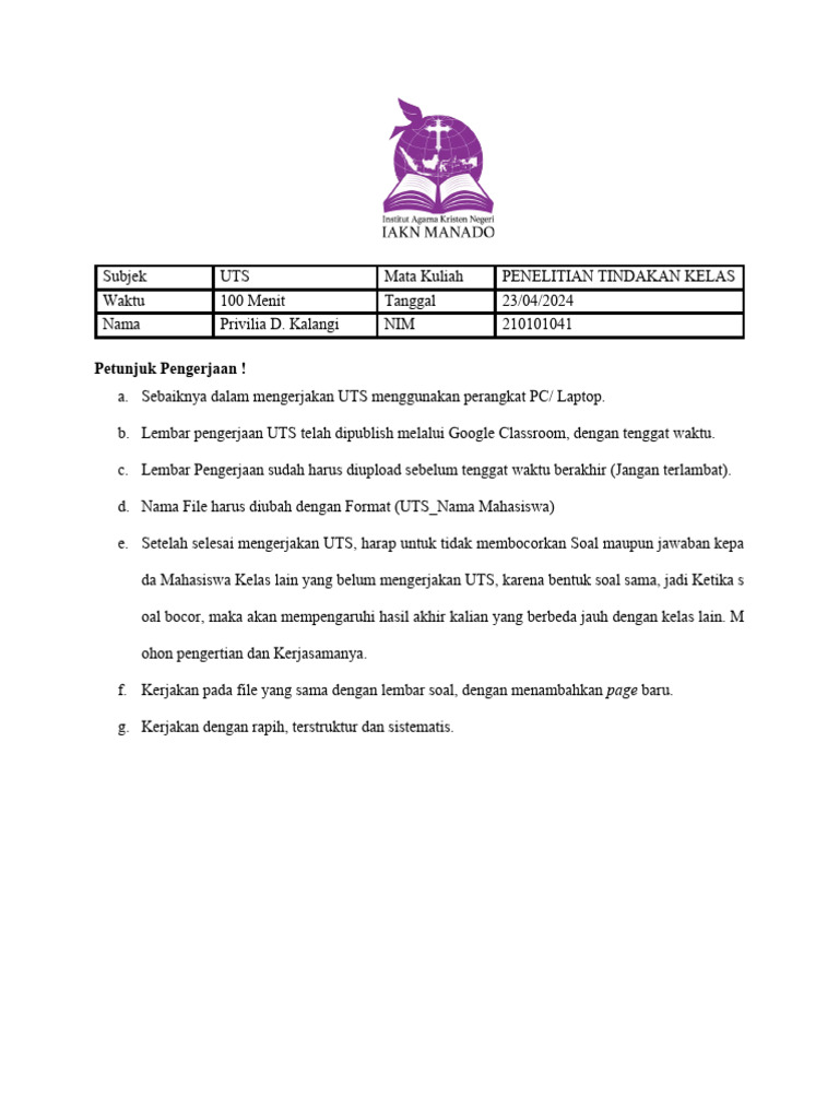 Uts Penelitian Tindakan Kelas - Class of 2024 Salinan | PDF