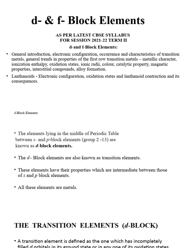 The D - and F - Block Elements | PDF | Transition Metals | Magnetism
