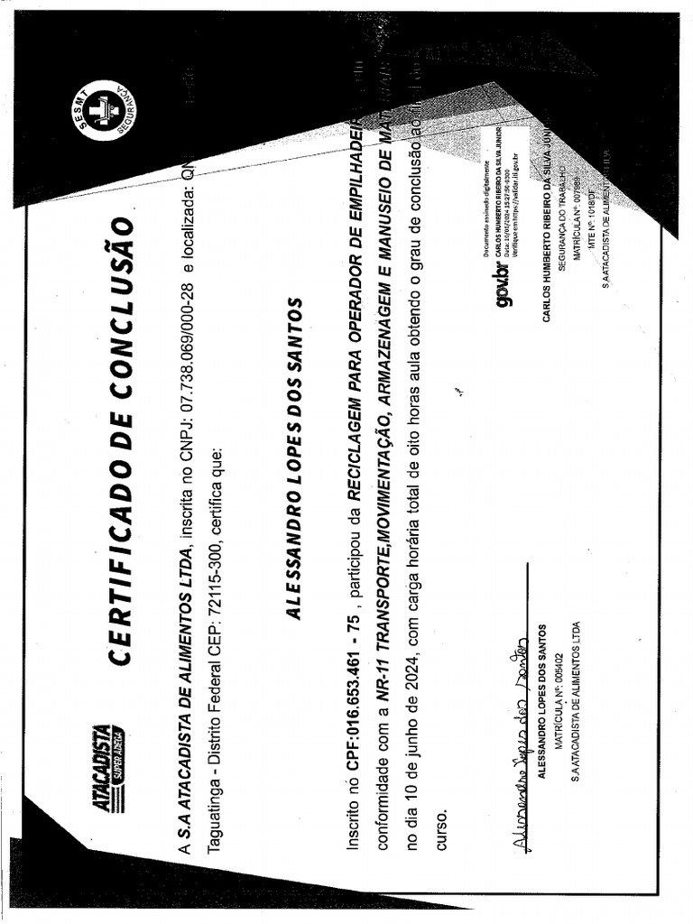 Certificado Reciclagem Operador de Empilhadeira - Alessandro Lopes | PDF