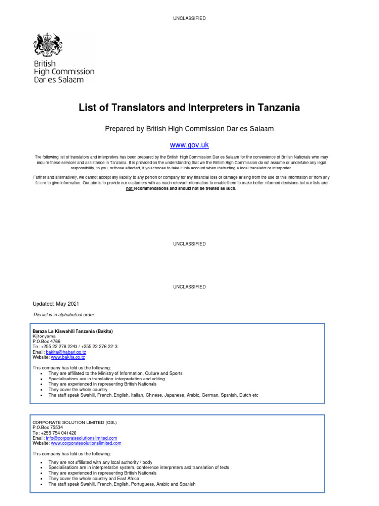 Tanzania Translators & Interpreters List | PDF | Swahili Language ...