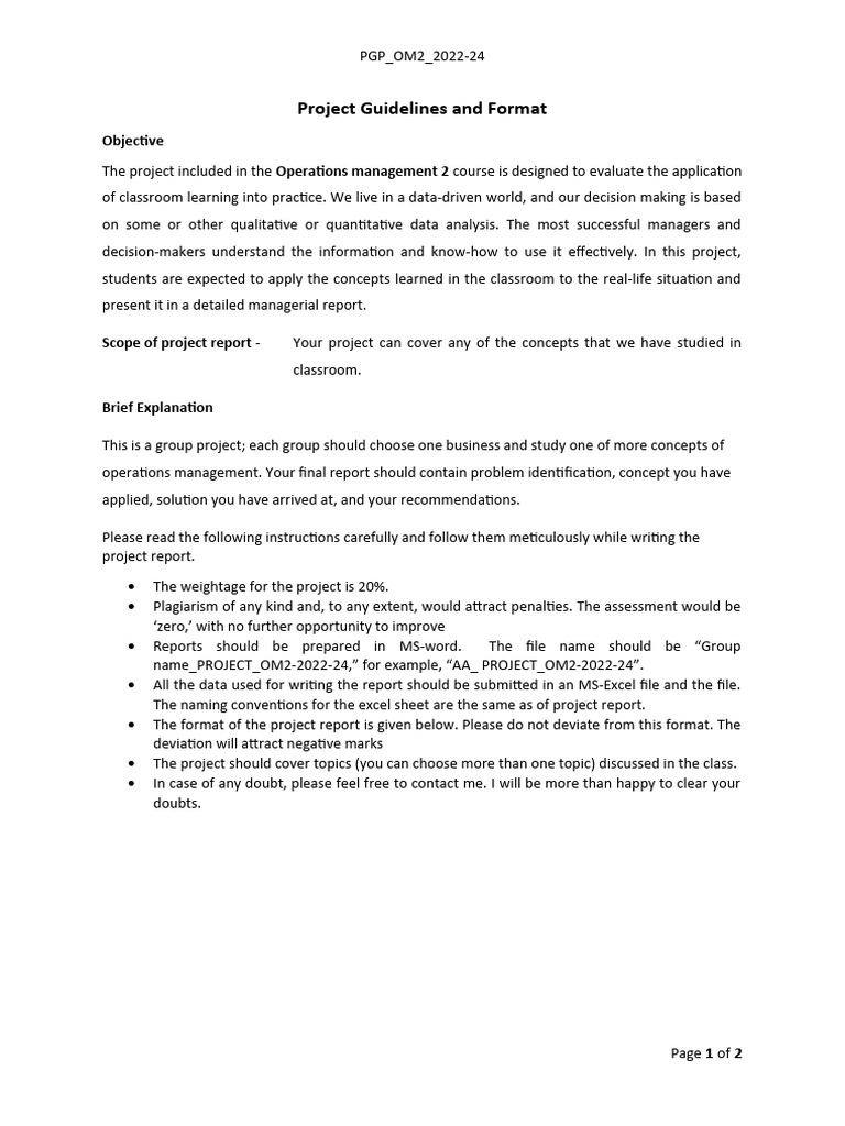 OM2-Project Guidelines, Format and Rubrics - PGP 2022-24 | PDF | Data | Decision Making