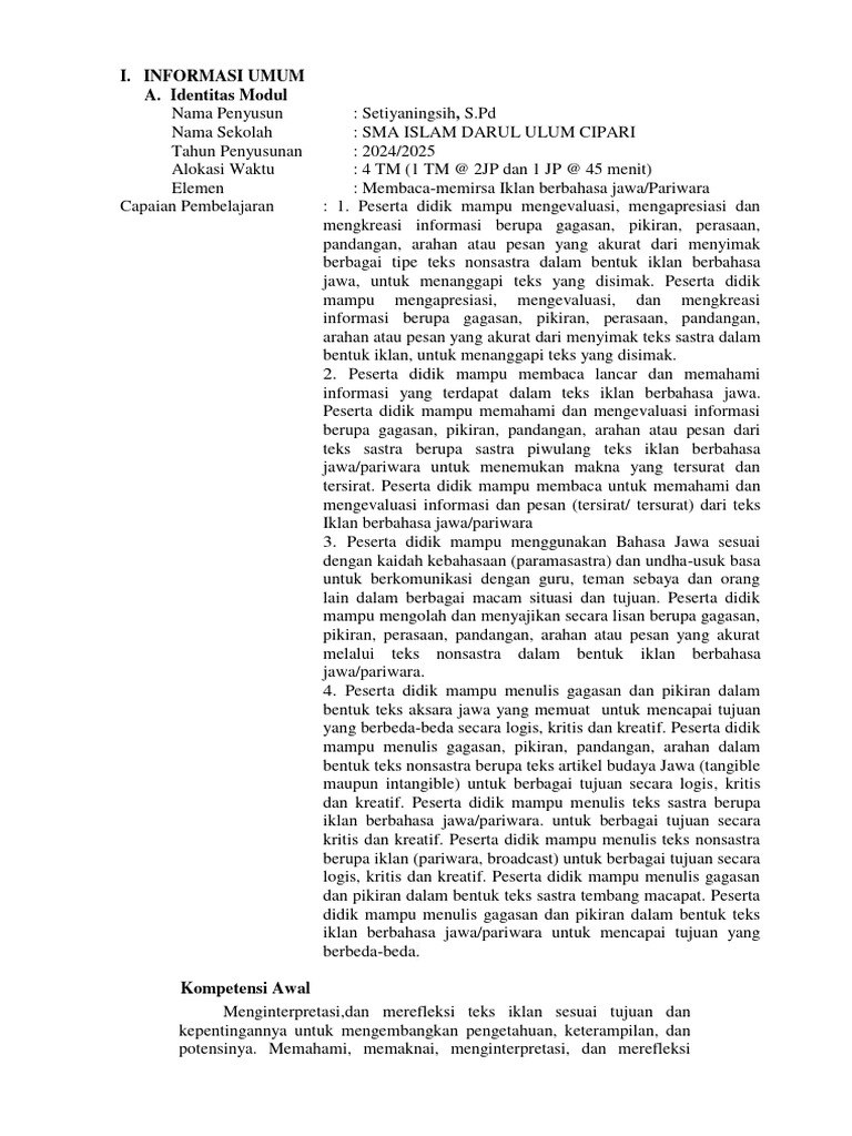 Modul Ajar IKLAN XI-1 | PDF | Karier & Perkembangan | Sains & Matematika